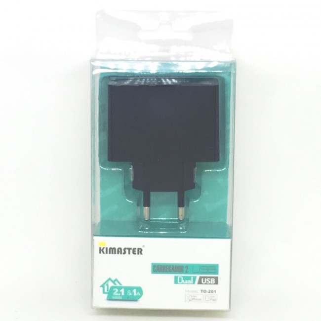 Carregador de Parede Universal Usb Duplo Kimaster - Preto | CB Acessórios Carregador de Parede Universal Usb Duplo Kimaster - Preto | CB Acessórios
